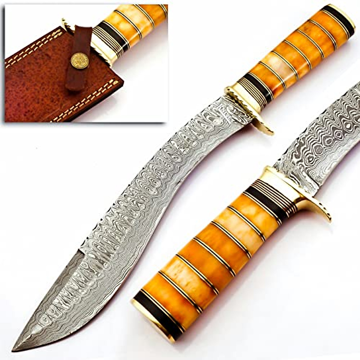 NoonKnives:16" totally custom Hand Made Damascus Steel Collectible kukri Knife Handle colour Camel Bone (orange)