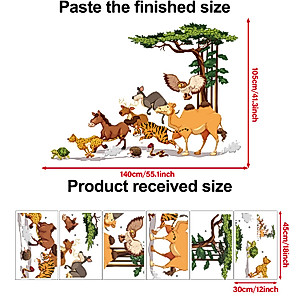 MEFOSS Removable Cartoon Jungle Animal Big Tree Wall Decals Creative Tiger Horse Leopard Turtle Wall Stickers Peel and Stick Wall Decals for Kids Bedroom Playroom Nursery Wall Decor (A)