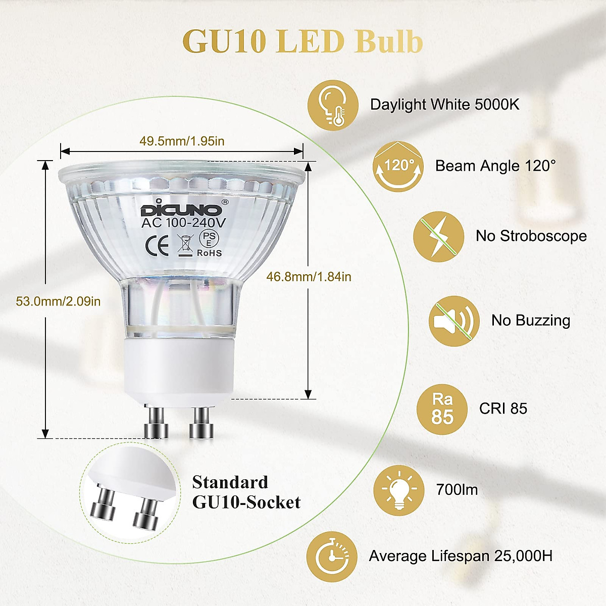 DiCUNO GU10 LED Light Bulbs, 6W 60W Halogen Replacement, Bright Daylight White 5000K, 700LM, Full Glass Cover 120 Degree Beam Angle 120V MR16 GU10 LED Non-dimmable, Spotlight Track Lighting, 6-Pack
