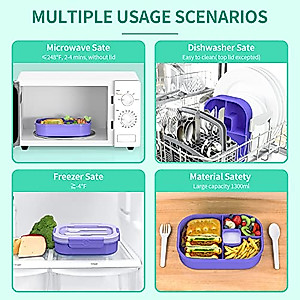 1300ML 4 Compartment Bento Box for Kids with Cutlery, Lunch Containers for Kids/Adults/Toddler, Microwave/Dishwasher/Refrigerator Safe, Leak Proof, BPA Free (Purple)