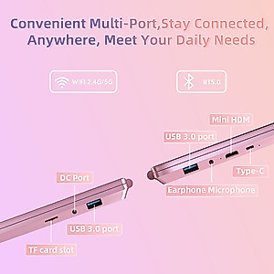 Nmybwo Win 11 Pro 14.1" Pink Laptop 8GB DDR4 RAM 256GB SSD Celeron J4105 CPU 4-Core(UP to 2.5Ghz)/1920 x 1080 IPS FHD Display/High-Performance Ultra-Thin Portable Computer (8GB+256GB)