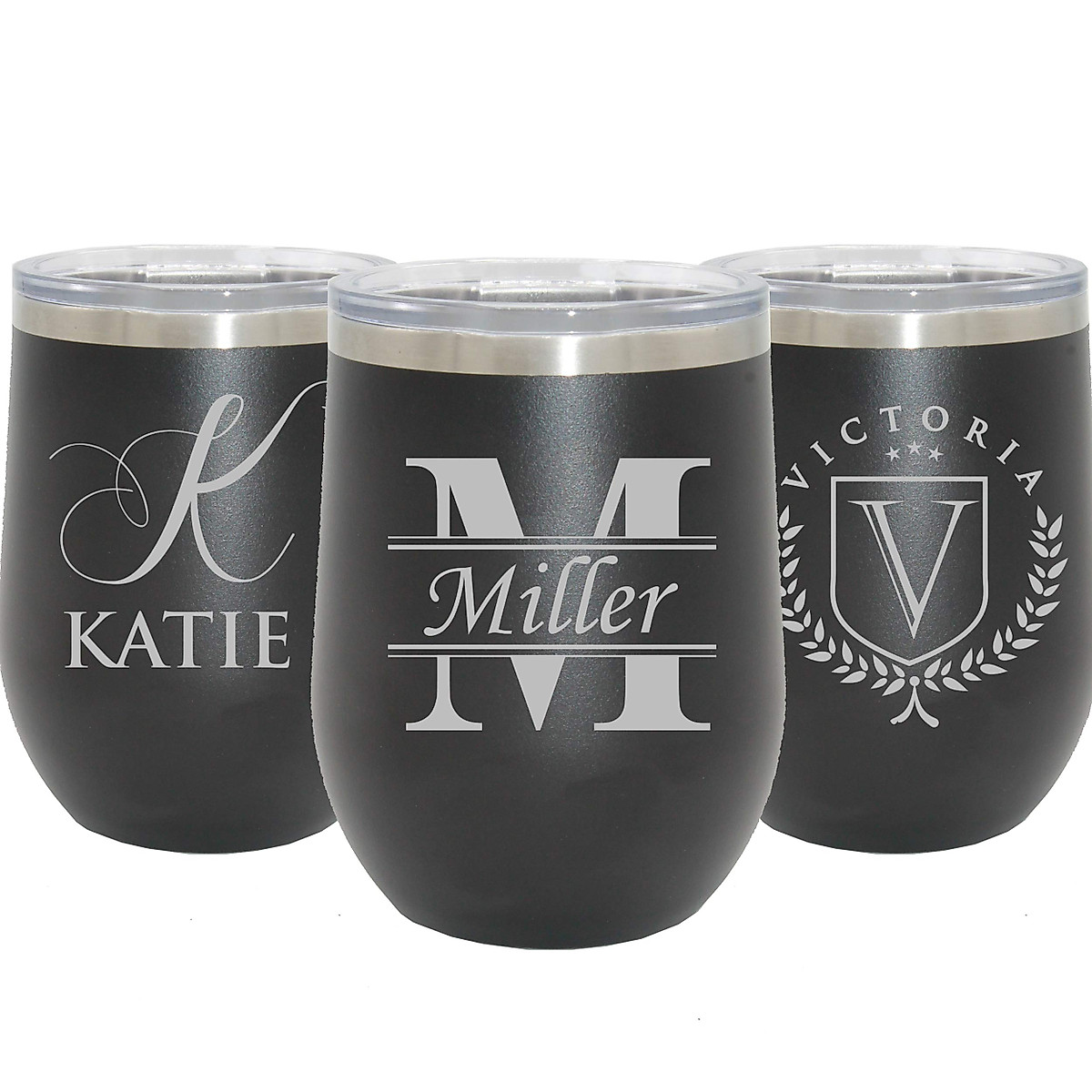 Custom Engraved Insulated Stemless Wine Tumbler Cup - Personalized Bridesmaid Beach Pool Girls Fun - Monogrammed (Black)