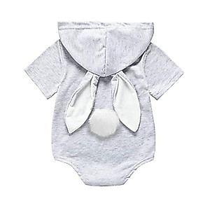 Symunnia Newborn Infant Baby Girl Boy Bunny Hooded Romper Cartoon 3D Rabbit Pocket Jumpsuit Short Sleeve(12-18months,Grey)