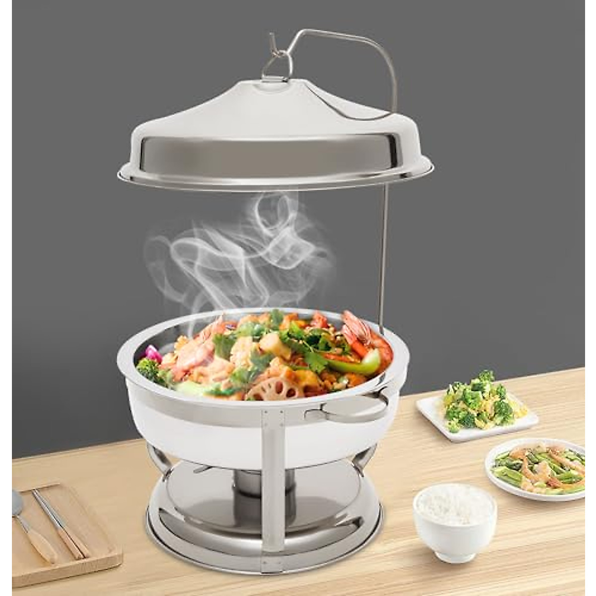 BAIODNB Chafing Dishes for Buffet Set, Round Stainless Steel Catering Food Pan Warmers with Lids, Buffet Servers and Warmers Sets Ideal for Parties and Events (Silver)