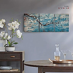 amatop 3 Piece Wall Art Hand-Painted Framed Flower Oil Painting On Canvas Gallery Wrapped Modern Floral Artwork for Living Room Bedroom Décor Teal Blue Lake Ready to Hang 12"x16"x3 Panel