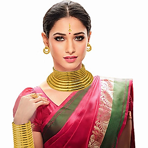 RDKOEAKEL 7 PCS African National Vintage Gold Flamboyant Jewelry Set Egypt Choker Bracelet African Nose Rings Hoop Chain Earrings for women Long Neck Collar Wide Leather Bracelet Sets