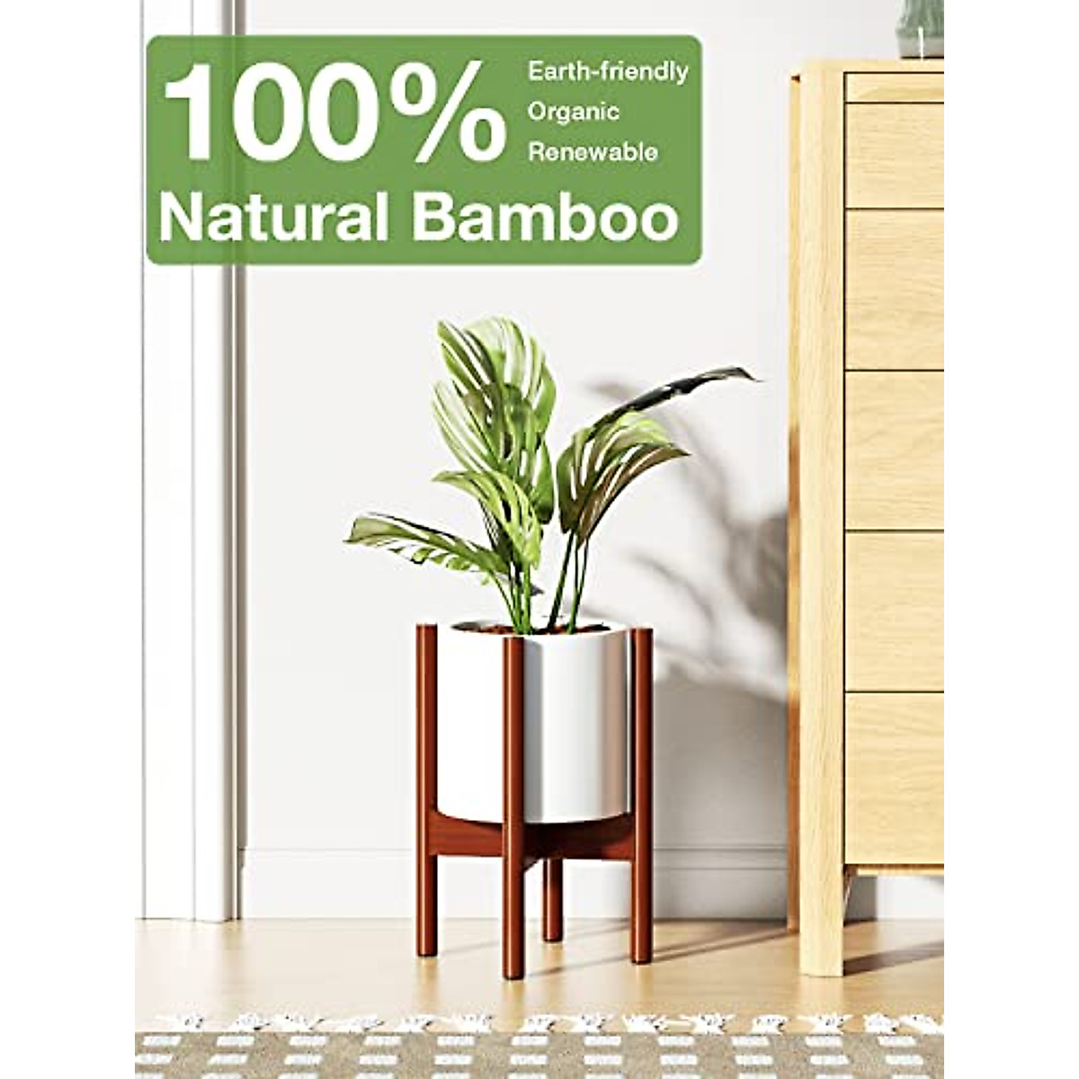 MUDEELA Adjustable Plant Stand Indoor, Bamboo Plant Stand 8 to 12 Inches, Single Floor Plant Stand for Indoor Plants, Bamboo Dark Brown Planter Stand for Indoor Plants, Pot Plant Not Included