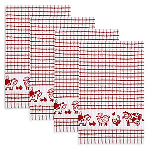 Cackleberry Home Barnyard Animals Windowpane Check Cotton Terrycloth Kitchen Towels, Set of 4 (Red)