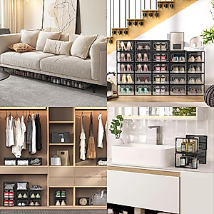 Fkprorjv XX Large Shoe Storage Box Organizer for Closet, 12 Pack Space Saving Versatile Clear Plastic Stackable Sneaker Shoe Rack Containers Bins Holders, Portable Closet Organizers and Storage, Black