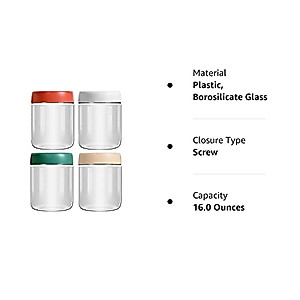 4-pack 16oz glass jar with screw lid for overnight oats condiment salad dressing sauce baby food kids snacks meal prep containers candle canning spice wide mouth Leak proof storage containers airtight- Reusable