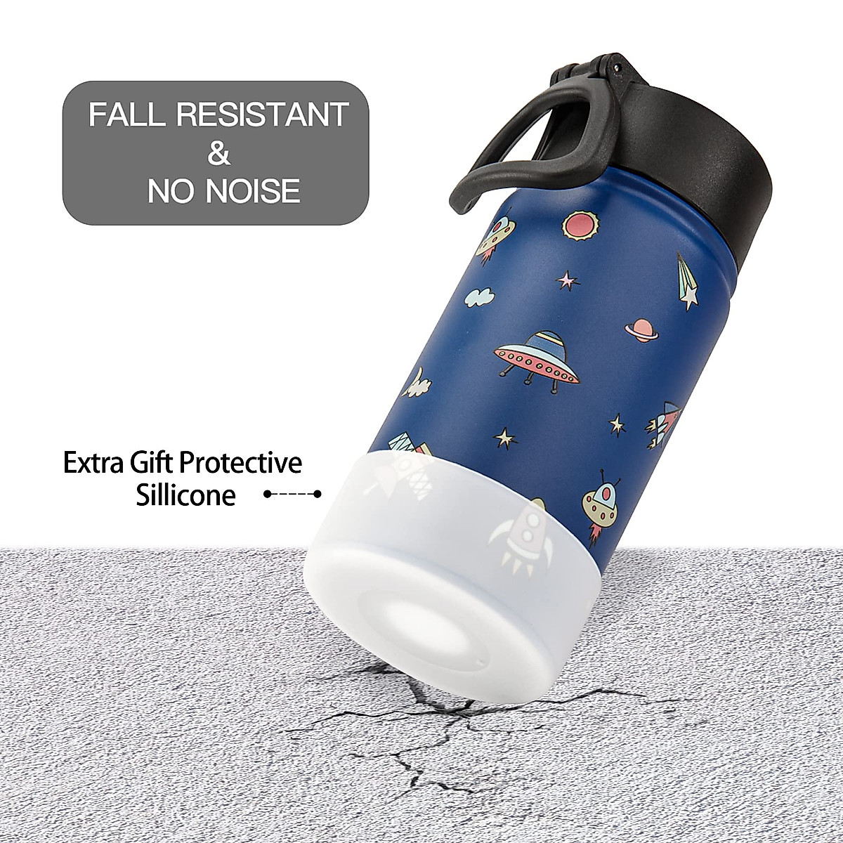 SEMOZOZO Water Bottle with Straw, Kids Water Bottle with Wide Rotating Handle Straw Lid, Wide Mouth Vacuum Insulated Stainless Steel Water Bottle for school ，The blue spaceship