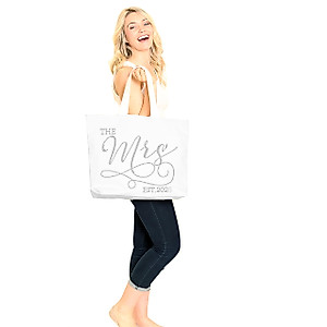 Gift Bag for Bride - Crystal Rhinestone The Mrs. Est. 2025 Rhinestone Modern Canvas Tote Bag - Bridal Shower Gifts - White Tote(Mod 2025 RS) Wht