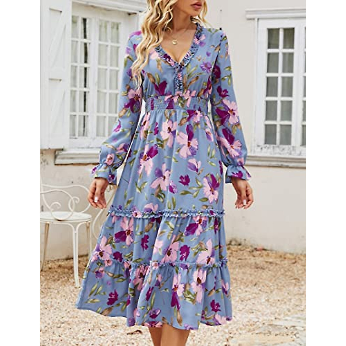 KOJOOIN Womens Long Sleeve Deep V Neck Ruffle Floral Print Maxi Dress High Elastic Waist Flowy Beach Dress Blue M