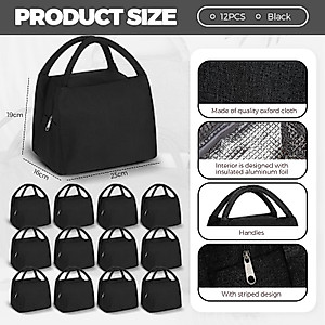 Chunful 12 Pcs Insulated Lunch Bags Bulk for Kids Women Adult Reusable Lunch Tote Bag Waterproof with Aluminum(Black)