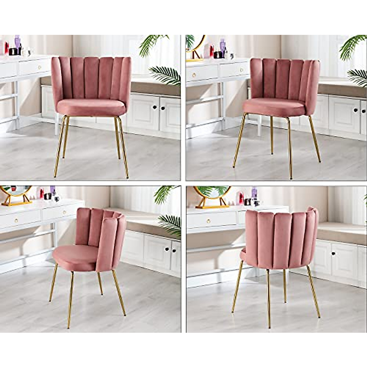 DM Furniture Velvet Dining Chairs Set of 2 Modern Accent Chair Upholstered Side Chair with Gold Metal Legs for Home Kitchen Living Room, Pink