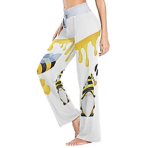 Yellow Flying Bee Dressed Up Gnome Honeycomb on White Pajama Lounge Pants Drawstring Stretch Pants Wide Leg(L)