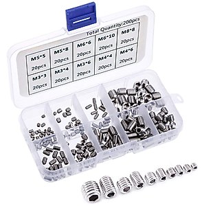 Yakamoz 200Pcs M3 M4 M5 M6 M8 Hex Allen Head Socket Grub Screw Set Stainless Steel Cup Point Metric Screws Assortment Fasteners Kits