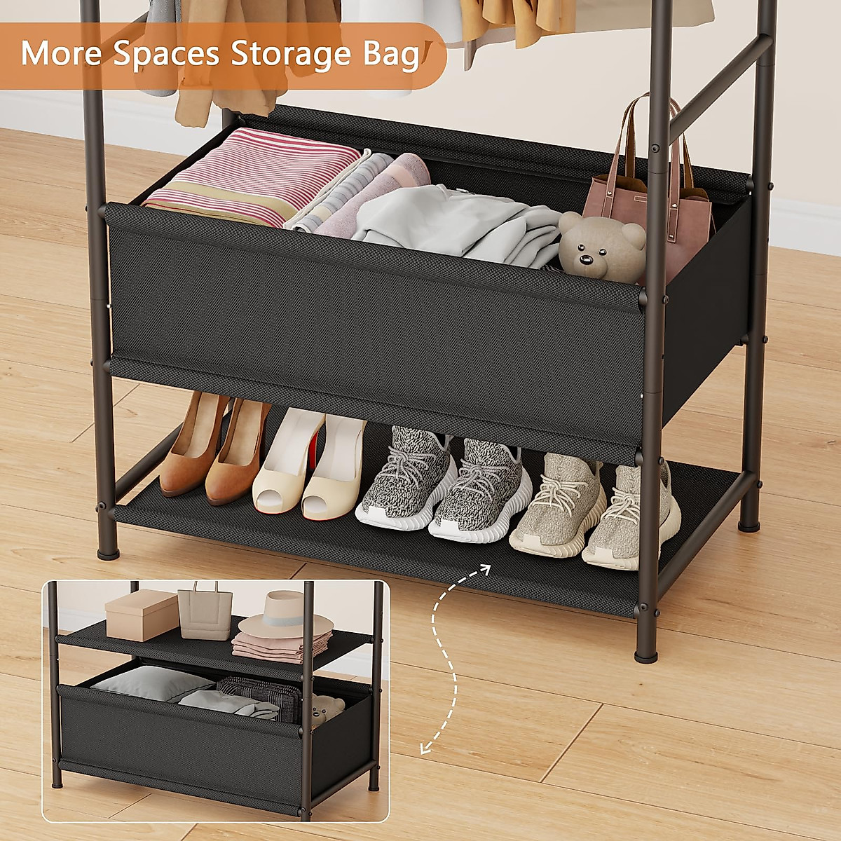 Furologee Double Rods Clothing Garment Rack with Storage Box,Clothing Rack for Hanging Clothes with 4 Side Hooks,Metal Frame Wardrobe Clothes Organizer for Bedroom,Living Room,Black