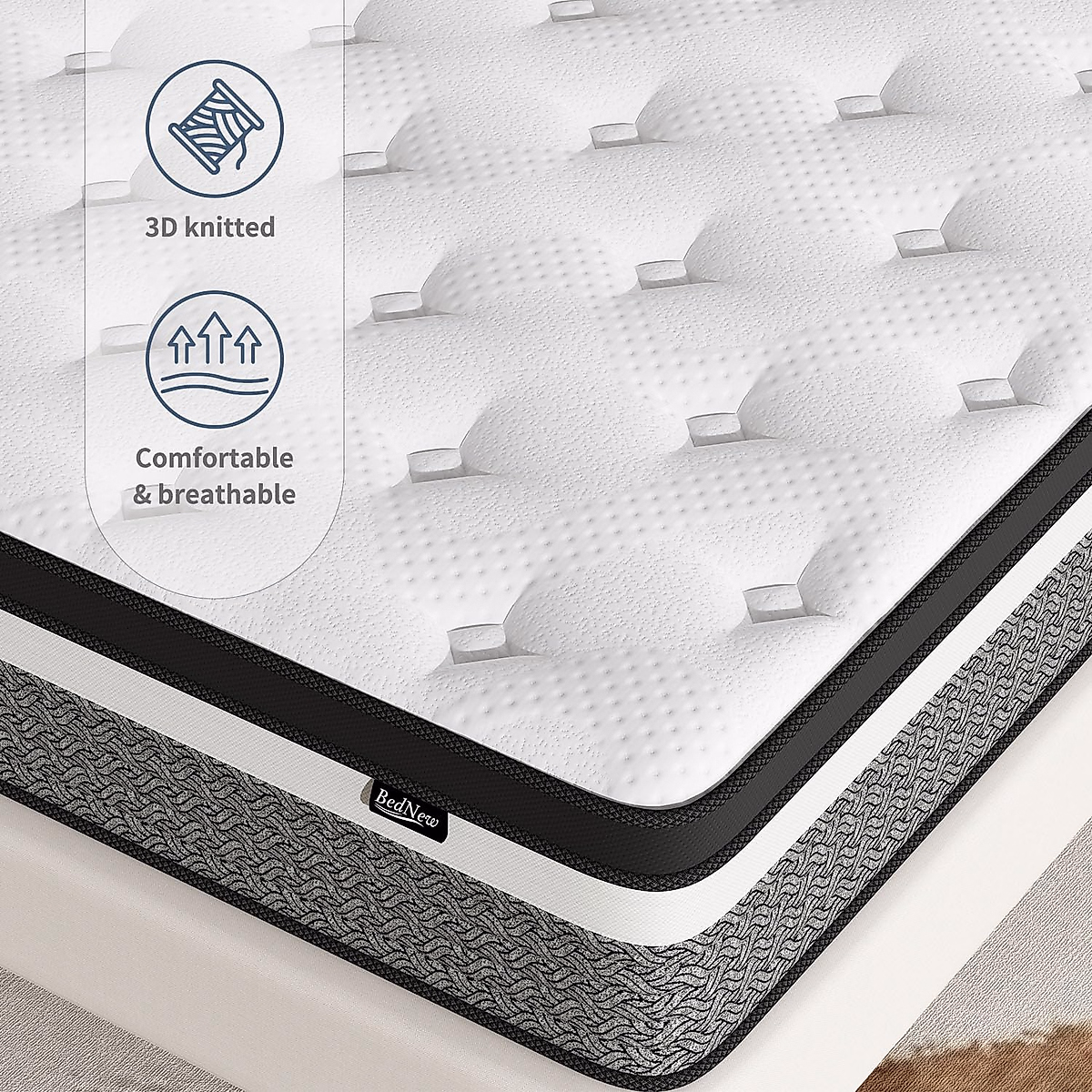 Bednew Queen Mattress, 14 Inch Hybrid Mattress with Gel Memory Foam & Individual Pocket Springs, Queen Size Bed Mattress in a Box, Pressure Relief & Motion Isolation, Medium Firm Mattress