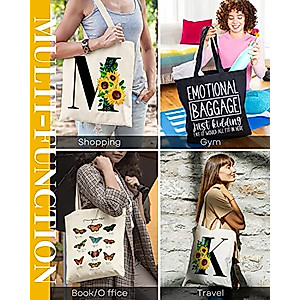AUSVKAI Canvas Tote Bag Aesthetic for Women, Cute Sunflower Initial Trendy Monogram Personalized Initial Birthday Reusable Cloth Cotton Bags with Handle for Grocery School Shopping Beach