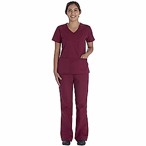 Vital Threads Womens Scrubs Set V-Neck Top & Drawstring Pant, VT513C, S, Wine