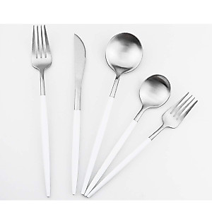 Gugrida White Silver Flatware, Royal 5-Piece Matte White Handle 18/10 Stainless Steel Tableware Sets for 1 Including Forks Spoons Knives, Camping Silverware Travel Utensils Set Cutlery (White Silver)