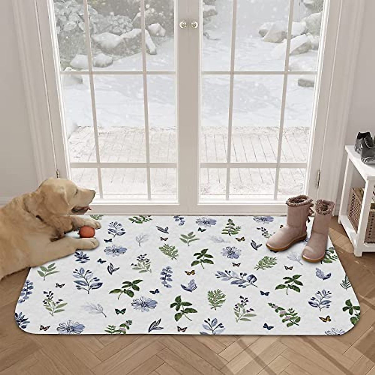 Welcome Doormat Green Leaf Flowers Butterfly White,Rubber Backing Kitchen Carpet Pastoral Botanical,Durable Washable Entry Rugs for Bedroom Dining Room Front Door Decor 16x24In