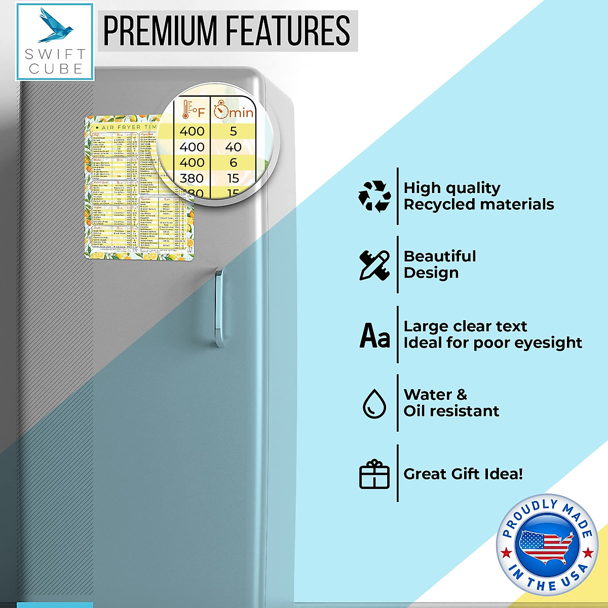 SwiftCube Air Fryer Magnetic Cheat Sheets, Multicooker Cheat Sheet Recipe Magnets, with Cooking Temperature, Time & Size Chart Conversion Measurement, Orange-Lemon Kitchen Decor, 8.5"x11" Citrus Dream