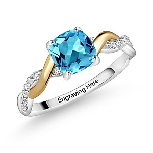 Gem Stone King 925 Sterling Silver and 10K Yellow Gold 6MM Cushion Gemstone Birthstone and Lab Grown Diamond Engagement Ring for Women | Available In Size 5, 6, 7, 8, 9