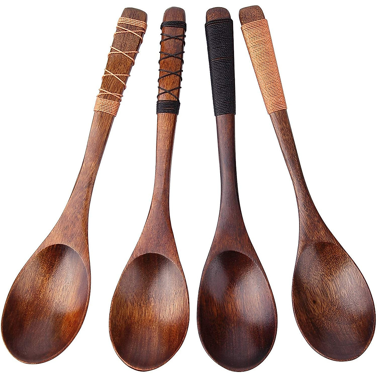 4pc-Handmade Japanese Style Wooden Soup Spoons with Tied Line on Handle