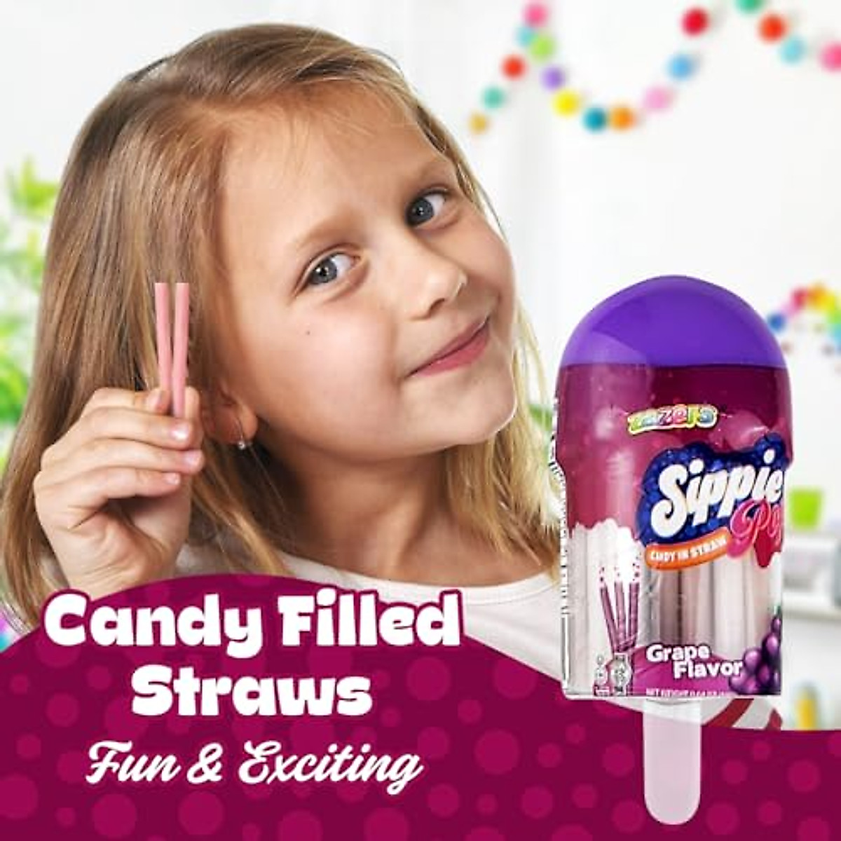 Zazers Sippie Pop Candy Filled Straws - 12 Pack of Grape Flavor Mini Candy Straws Ideal Gift for Easter, Birthday, Christmas, Party Occasions, Family Size Pack, Kosher, Approx. 240 Sticks, Net wt 216g