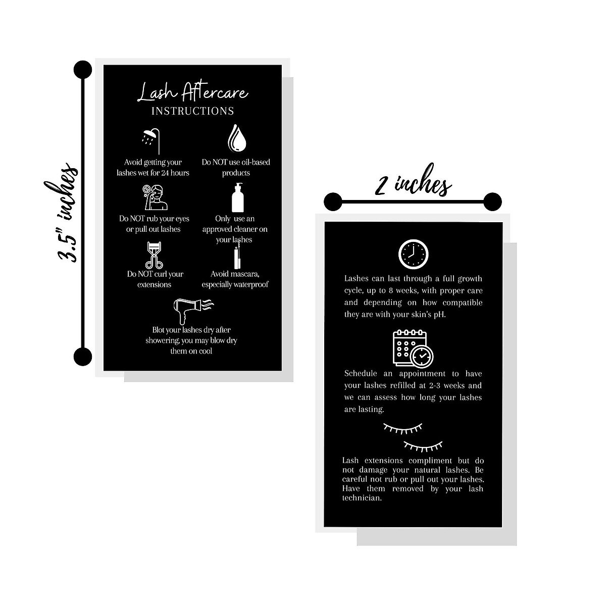 Boutique Marketing LLC Lash Extension Aftercare Instructions Cards,50 Pack,Double Sided Size 3.5 x 2 inchinch After Care (2-3 Week Fillers),Black with White Design