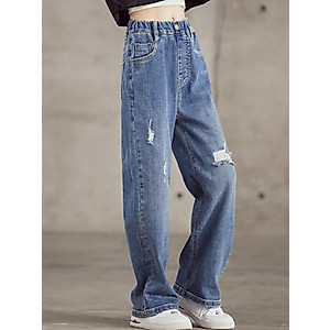 Rolanko Girls Skinny Ripped Jeans Mid-Rise Elastic Wide Leg Baggy Denim Pants for 4-14 Years (Blue Hole, 12-14)