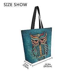 ALAZA Owl Print Boho Ethnic Large Canvas Tote Bag Shopping Shoulder Handbag with Small Zippered Pocket