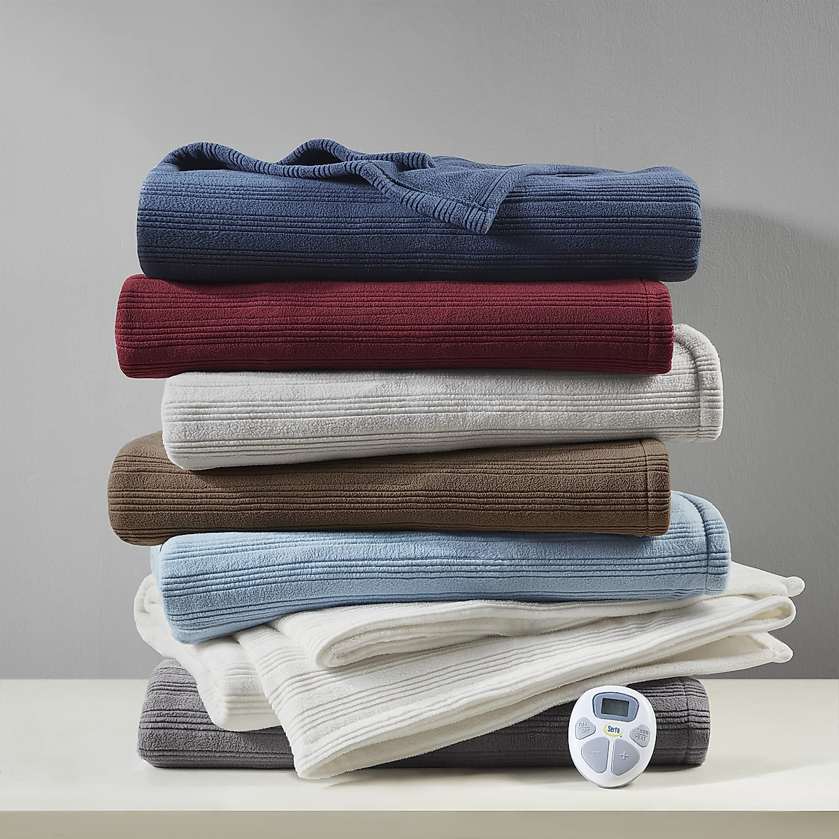 Serta Travis Fleece Ultra Soft Tri-Rib Textured Electric Blanket, Cozy and Snuggly Cover Fast Heating for Cold Weather, Auto Shut Off, Multi Heat Setting Controller, King, Indigo