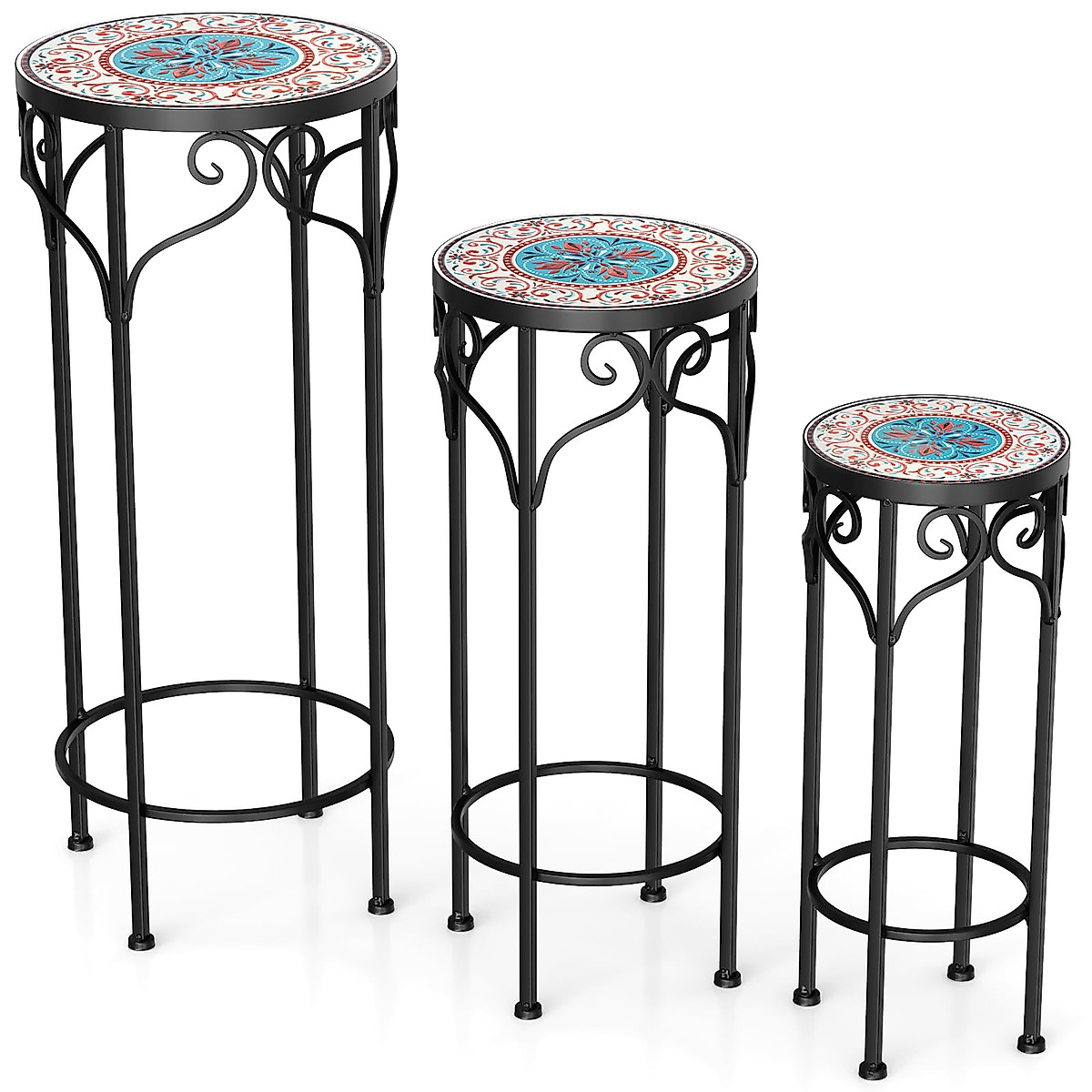 Giantex Metal Plant Stand Set of 3, 28" Mosaic Tall Flower Stand with Ceramic Top, Round Tile Nesting Display Side Table, Indoor Outdoor Flower Holder for Wedding Party Patio Living Room