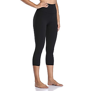 YUNOGA Women's Buttery Soft 21" Inseam Yoga Pants, High Waisted Tummy Control Workout Running Capri Leggings (L, Black)
