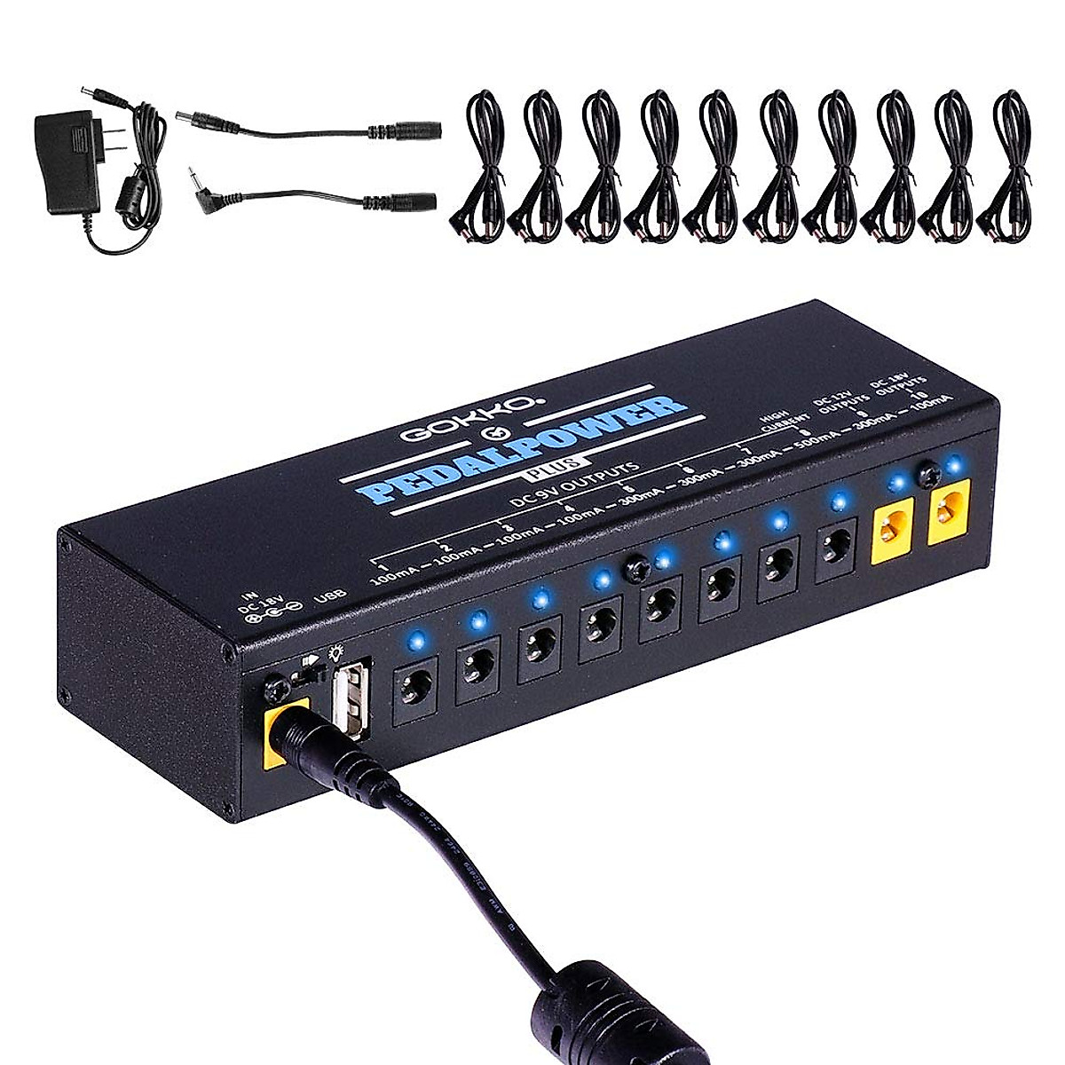 GOKKO Guitar Pedal Power Supply 10 Isolated DC Output for 9V 12V 18V Effect Pedal with Smart Short Circuit and Over Current Protection