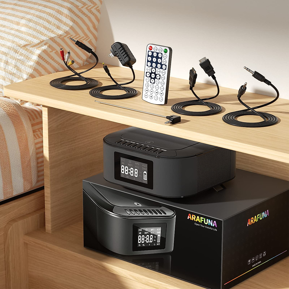 CD Player with Speakers, ARAFUNA CD Player Bluetooth Boombox with Subwoofer, 2000mAh Rechargeable DVD Player with HDMI, AV Cord, FM Radio Home CD Player with Alarm Clock & Support USB-Upgraded