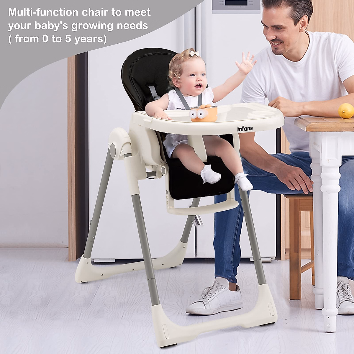 INFANS High Chair for Babies and Toddlers, Foldable Highchair with 7 Different Heights 4 Reclining Backrest Seat 3 Setting Footrest, Removable Tray Built-in Rear Wheels with Locks (Black)