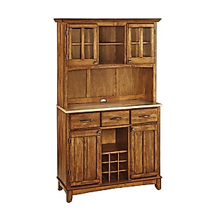 Home Styles Buffet of Buffets Cottage Oak Server with Natural Wood Top, Three Utility Drawers, Two Door Hutch, Removable Wine Rack, and Brushed Steel Hardware