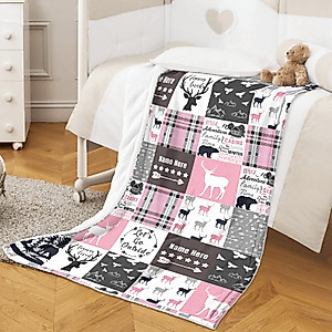 Pink Woodland Deer Personalized Baby Blanket with Name, Custom Deer and Bear Swadding Blankets for Baby Girls Kids, Woodland Nursery Decor, Adventure Soft Receiving Blankets for Newborn Infant