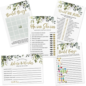 Printed Party Bridal Shower Game Set – 5 Fun Games and Activities for 50 Guests, Includes Bingo, Trivia, and Advice Cards, Botanical Eucalyptus Wedding Shower Games