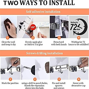 Napcure Broom Holder Wall Mount Heavy Duty Mop Storage Hook Hangers Self Adhesive Stainless Steel 5 Hook 4 Rack