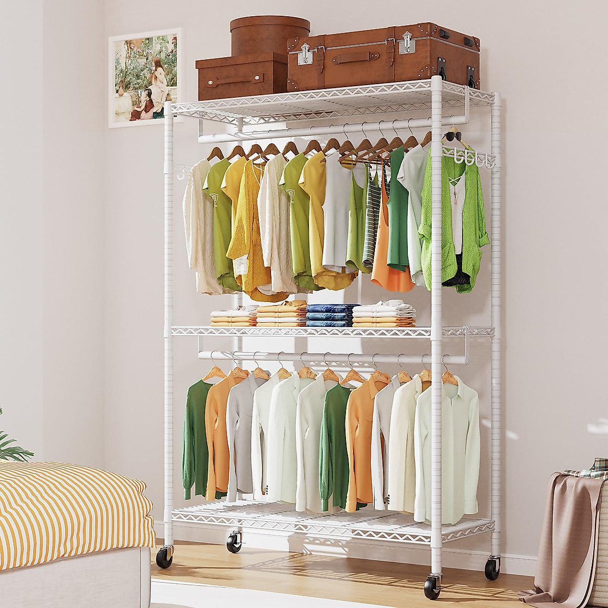 LEHOM G1L 3 Tiers Garment Rack with Storage Shelves, Heavy Duty Rolling Free-Standing Clothing Rack Closet Organizer with Double Rods/Lockable Wheels & 2 Side Hooks, Max Load 450 LBS, White