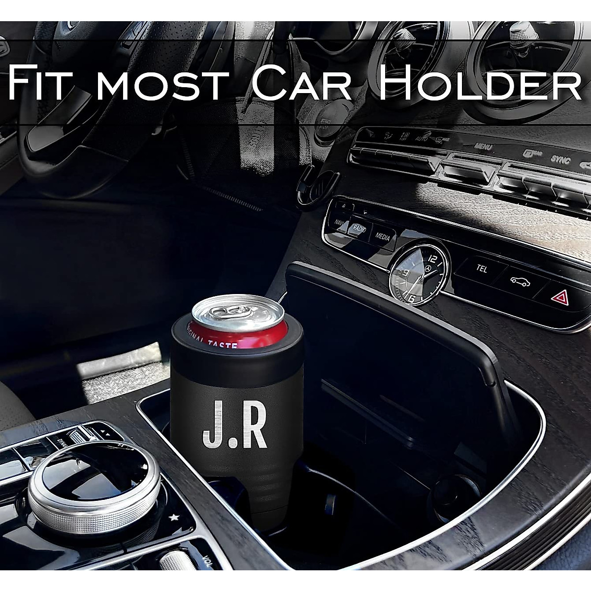 Personalized Stainless Steel Engraved Insulated Beverage Holder Customized Can Cooler with Custom Name Text – Wedding, Birthday, Corporate Gift (Black, Standard)