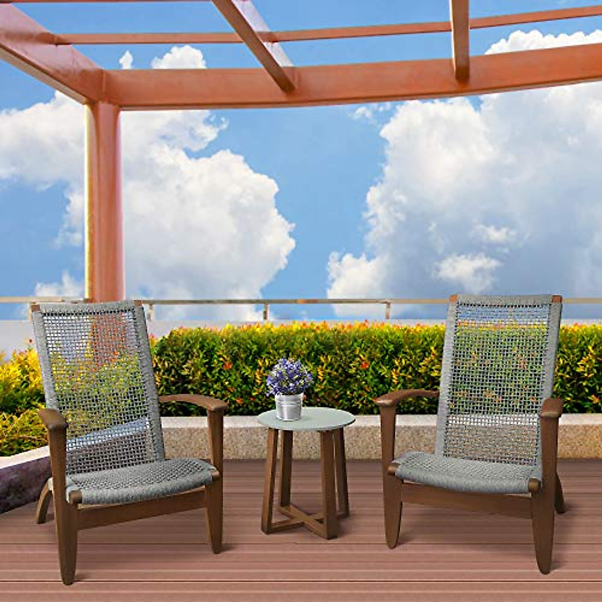 Teamson Home PT-OF0013 Eucalyptus Solid Wood Patio Arm Modern Rope Hand Weaving High Back Club Chair for Outdoor Garden Backyard, Gray