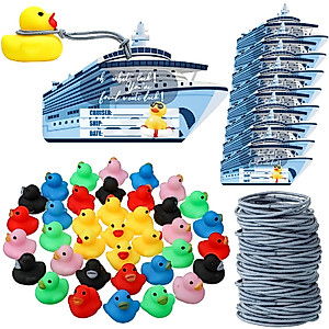 180 Pack Duck Tag Cruise Kits Includes 40 Sheets Ducks Tag with Hole, 40 Pcs Rubber Ducks for Cruise Ships and 100 Pcs Elastic Bungee Shock Cords Stretch String (Vivid Style)