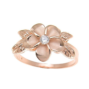 Arthur's Jewelry Pink rose gold plated sterling silver 925 Hawaiian plumeria flower cz maile leaf ring size 7