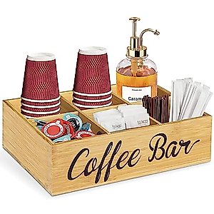 Bamboo Coffee Station Organizer, Coffee Bar Accessories Organizer for Coffee Bar Decor, Kcup Coffee Pods Holder Storage Basket with Removable Dividers, Coffee Bar Organizer Tea Bag Dispenser